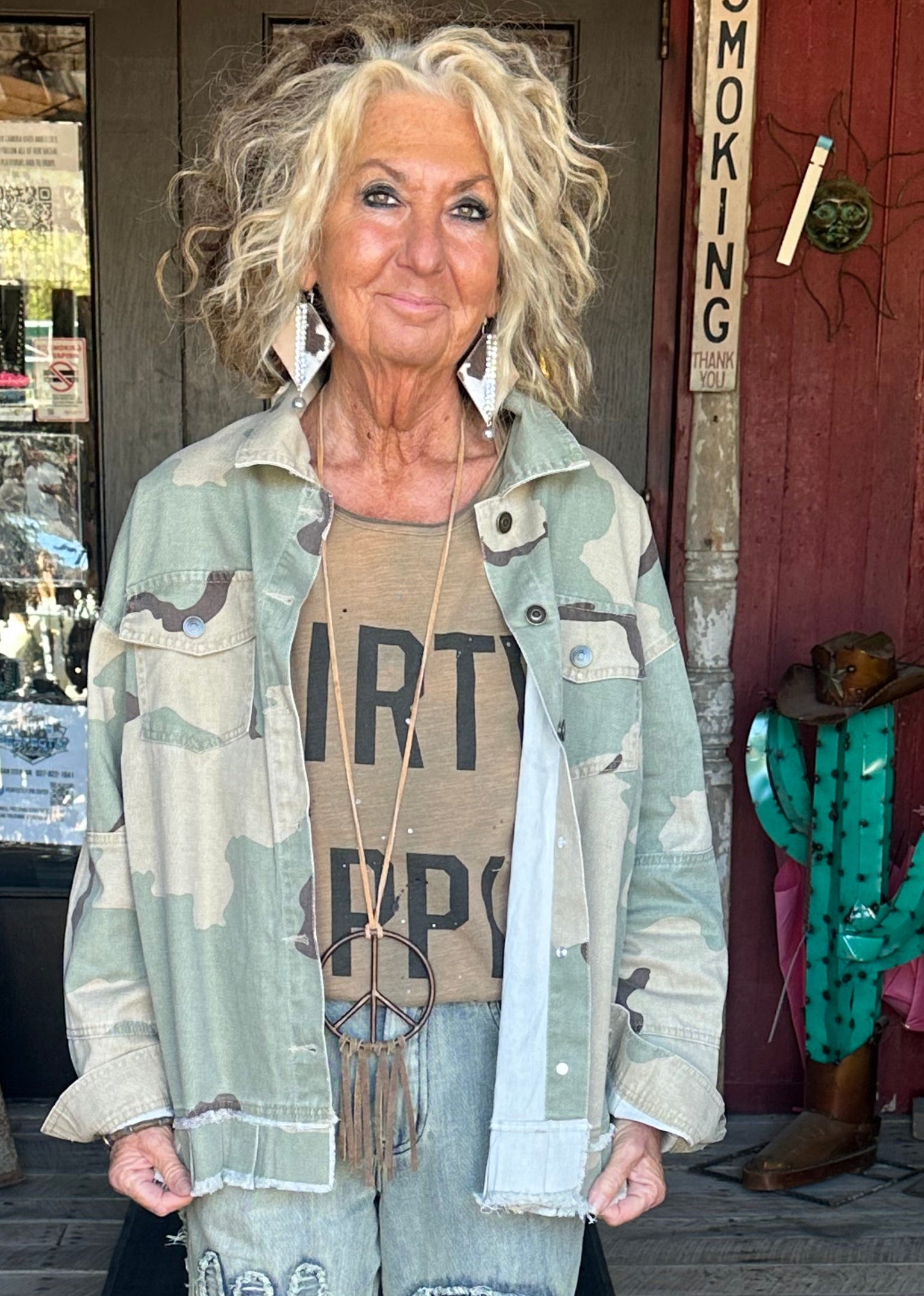 Ruffle hem Camo Peace Patchwork Jacket – Vintage Meets Boho at The Ole Mill
